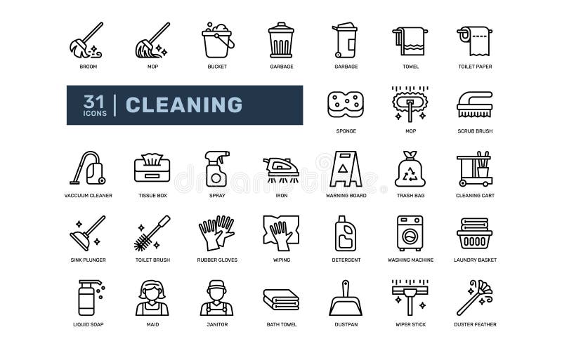 Cleaning Hygiene Routine Housework Detailed Thin Line Outline Icon Set ...