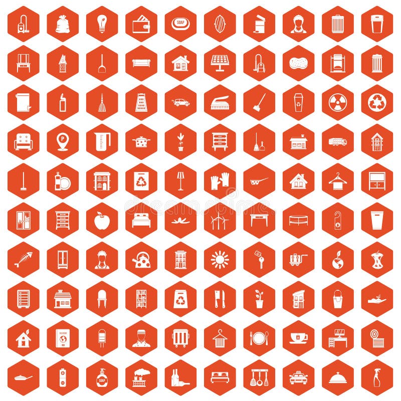 100 Cleaning Icons Hexagon Orange Stock Vector - Illustration of icons ...