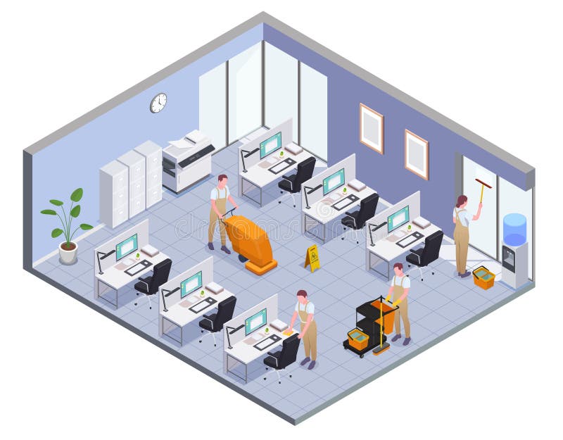 Cleaning Isometric and Colored Composition with Isolated Office Room ...