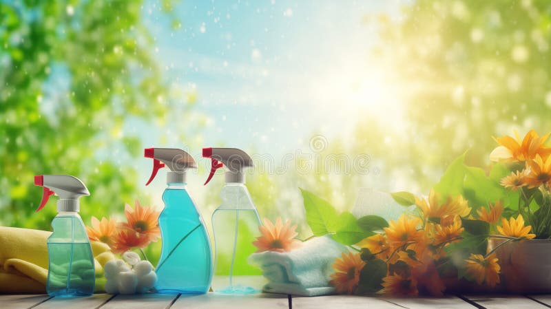 Cleaning Items on Blurry Spring Background with Sun Beams and ...