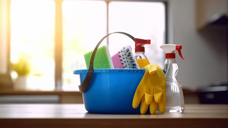 Cleaning Items in a Bucket on a Wooden Table Infront of a Kitchen Stock ...