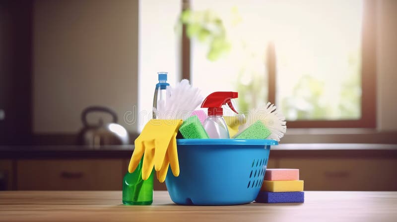 Cleaning Items in a Bucket on a Wooden Table Infront of a Kitchen Stock ...