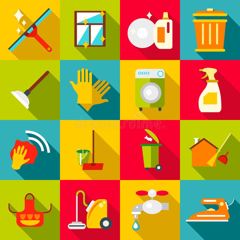 Cleaning Items Icons Set, Flat Style Stock Vector - Illustration of ...