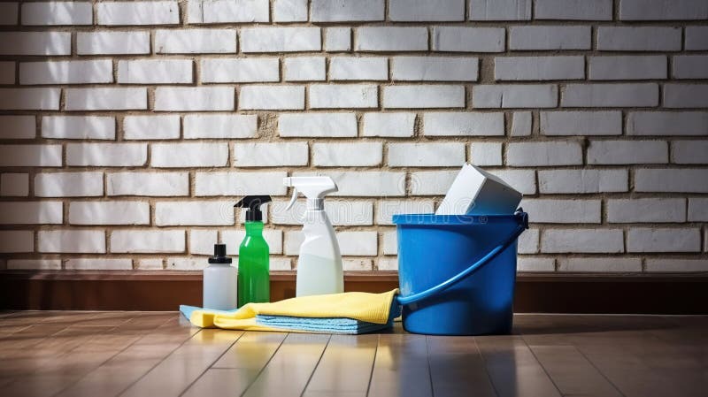 Cleaning Items on Laminate Floor in Empty Brick Wall Room. Generative ...