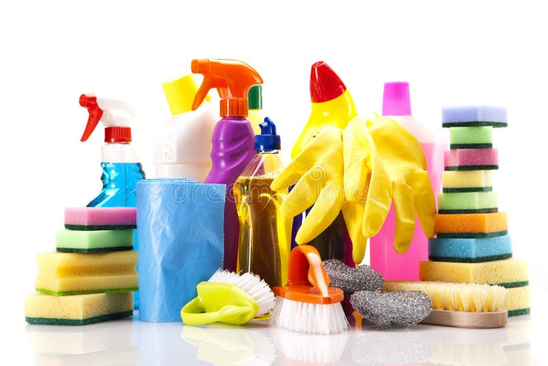 Variety of Cleaning Supplies in a Basket Stock Image - Image of ...