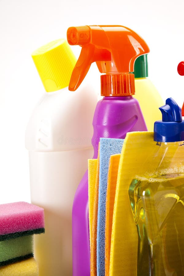 Cleaning Items Set on White Stock Photo - Image of disinfect, plastic ...