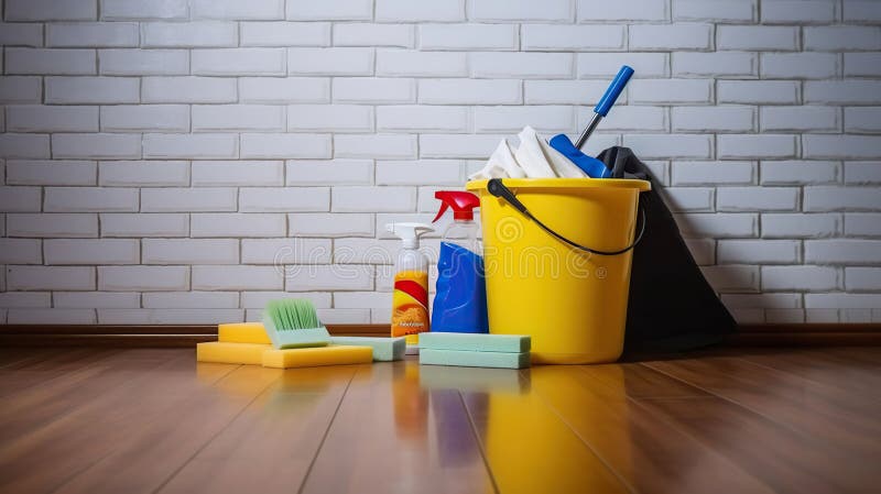 Cleaning Items Tending To a Laminate Floor in an Empty Brick Wall Room ...