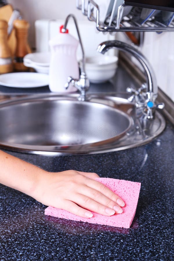 Cleaning Kitchen with a Red Sponge Stock Image - Image of chemical ...