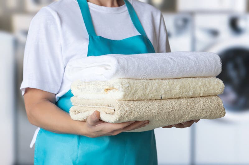 Cleaning Lady in Blue Apron with Towels Stock Image - Image of hygiene ...