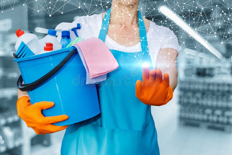 Cleaning Lady Click into a Network of Connections Stock Photo - Image ...