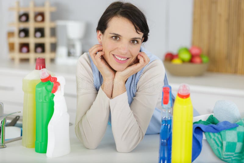 Cleaning Lady Surrounded by Range Cleaning Products Stock Image - Image ...