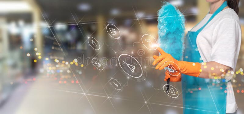 Cleaning Lady Working in Virtual Computer Screen Stock Image - Image of ...