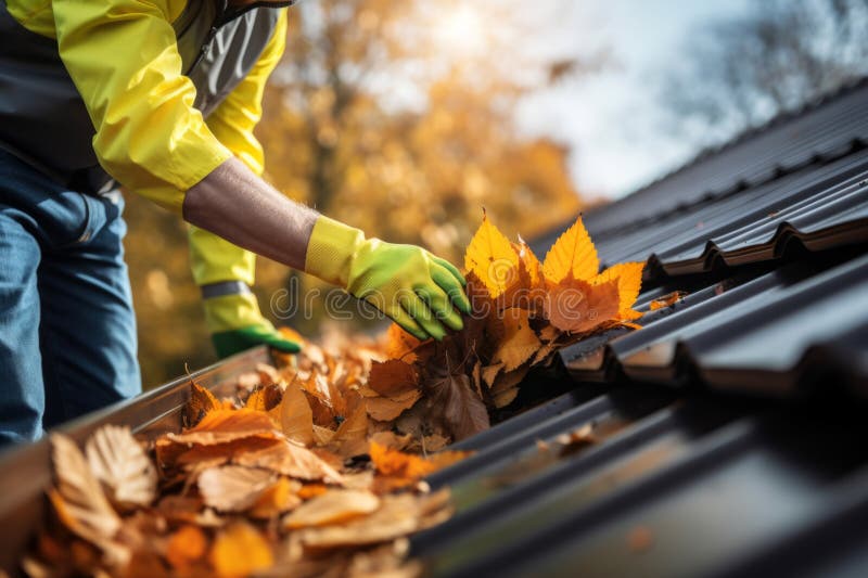 Cleaning Fallen Leaves Off the House Top. AI Generative Stock ...