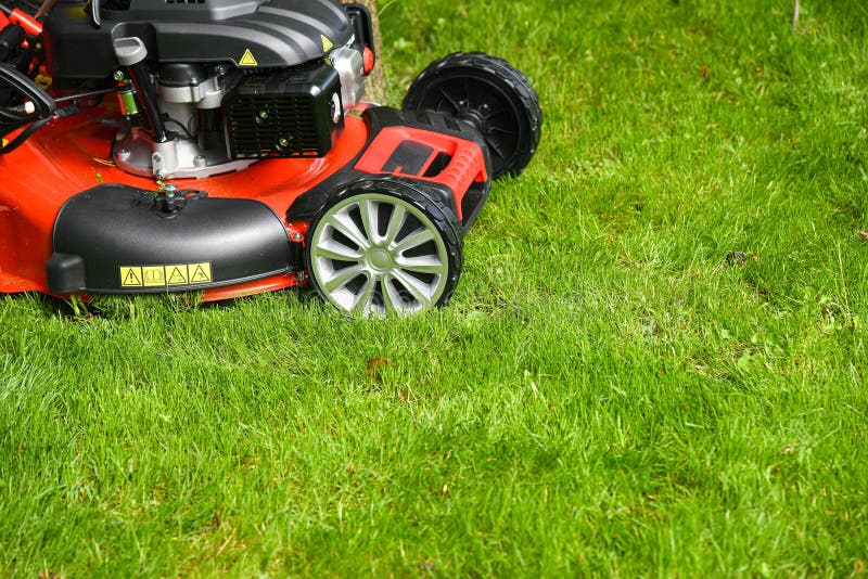 Cleaning and Mowing Lawn Green Grass in the Yard with a Home Lawn Mower ...