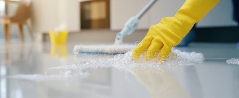 The Cleaning Process with Soap Bubbles and Yellow Gloves on a Shiny ...