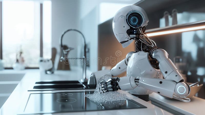 Cleaning Process and Working Robot Cleaner in the Kitchen Stock Photo ...