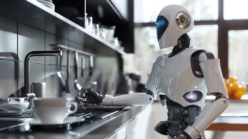 Cleaning Process and Working Robot Cleaner in the Kitchen Stock Photo ...
