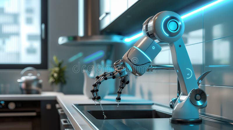 Cleaning Process and Working Robot Cleaner in the Kitchen Stock Photo ...