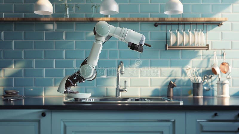 Cleaning Process and Working Robot Cleaner in the Kitchen Stock Photo ...