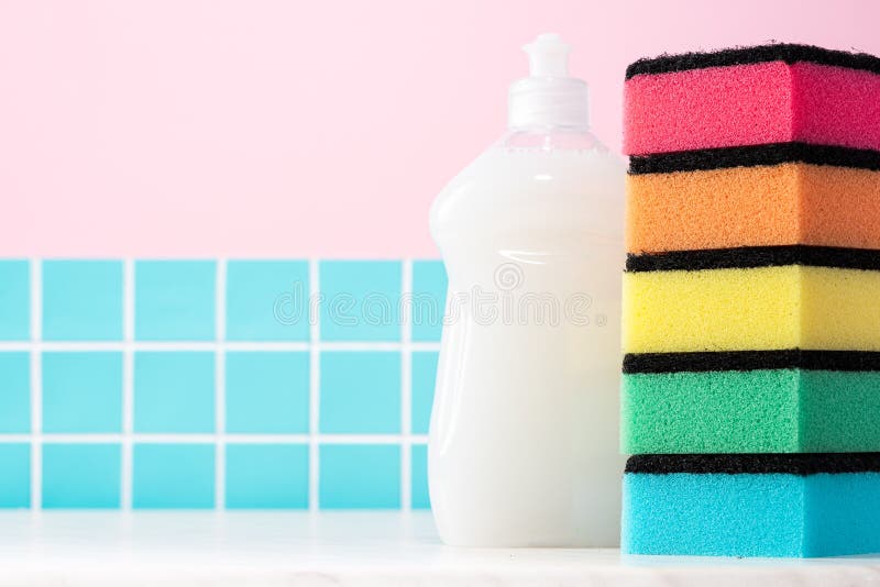 Colorful Cleaning Sponge on Kitchen Counter. Copy Space Background for ...