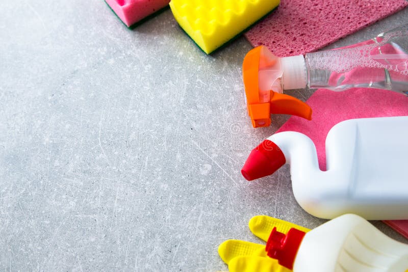 Cleaning Products on Stone Background with Copyspace. Top View Stock ...