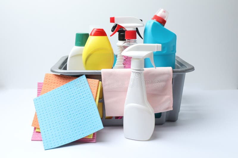 Cleaning Products on the Table Stock Photo - Image of clean, rubber ...