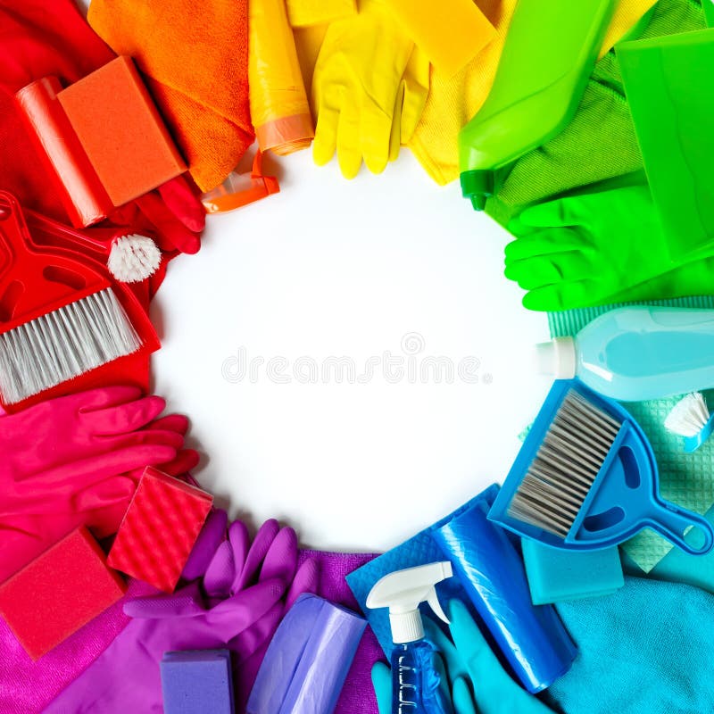 Cleaning Products and Tools Different Colors Isolated on White ...