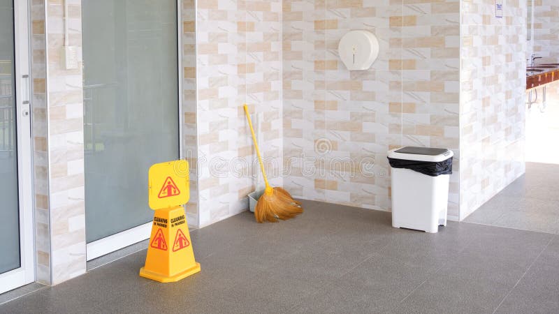 Cleaning in Progress Sign Label on the Floor in Public Outdoors ...