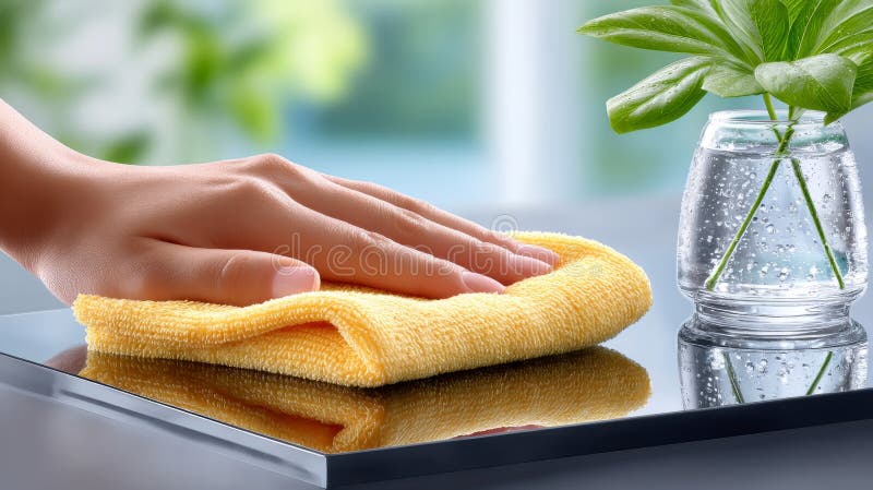 Cleaning Reflection with Yellow Cloth and Plant on Glass Surface Stock ...