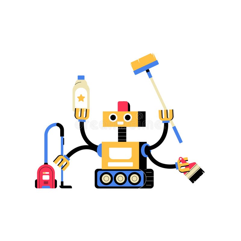 Cleaning Robot Holding Various Cleaning Tools in Flat Vector ...