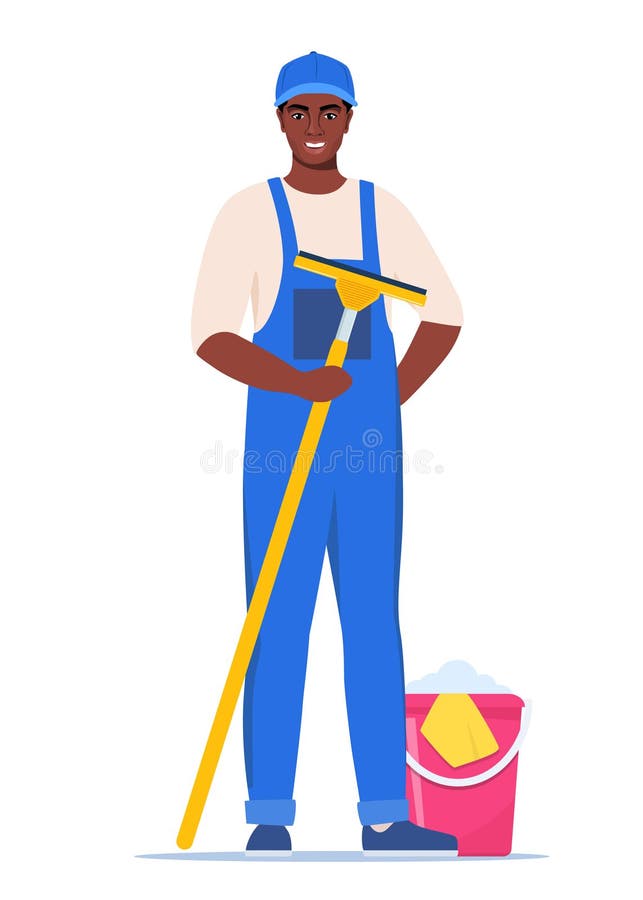 Cleaning Service Black Man Character in Uniform with Glass Cleaning ...