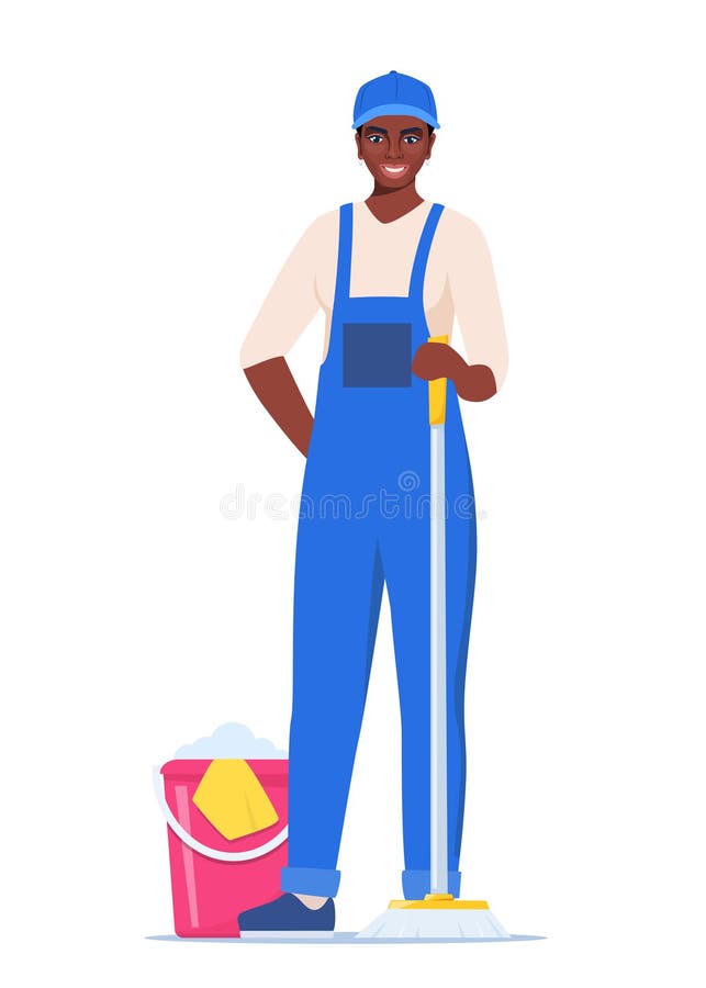 Cleaning Service Black Woman Character in Uniform with Mop. Worker of ...