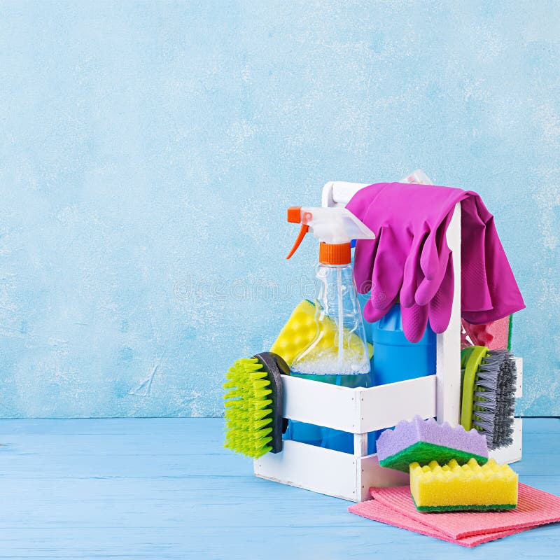 Cleaning Service Concept. Colorful Cleaning Set for Different Surfaces ...