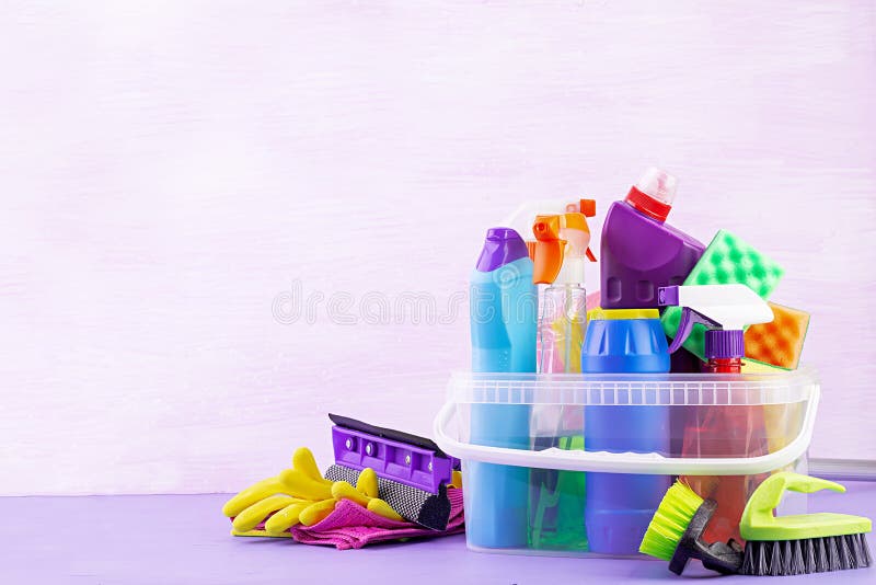 Cleaning Service Concept. Colorful Cleaning Set for Different Surfaces ...