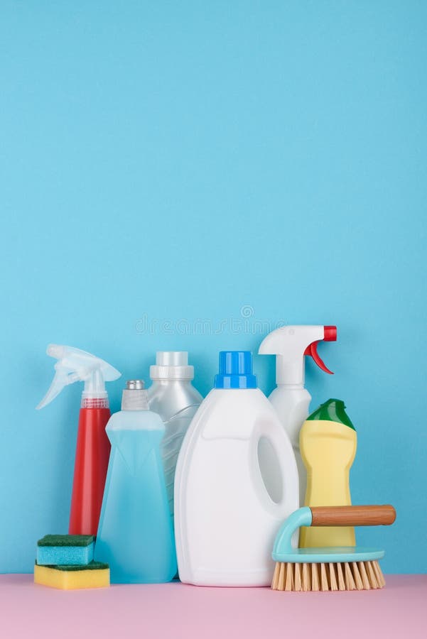Cleaning Supplies on Pastel Background Stock Image - Image of chores ...