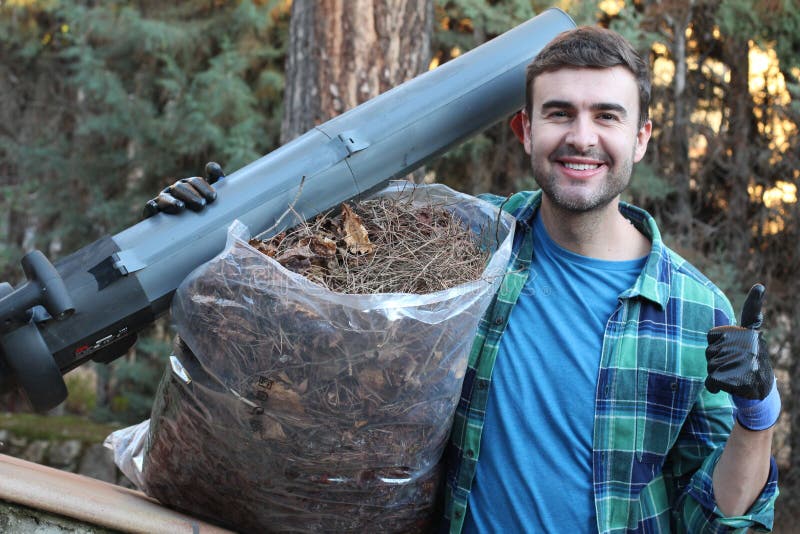 Cleaning Service Guy Using Leaf Blower Stock Image - Image of garden ...
