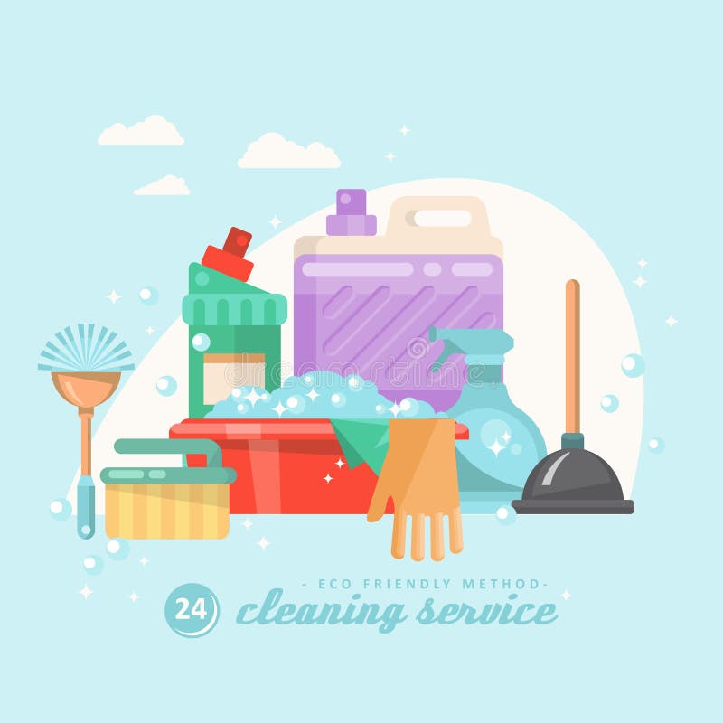 Cleaning Service 24 Hours Vector Illustration in Modern Flat Design ...