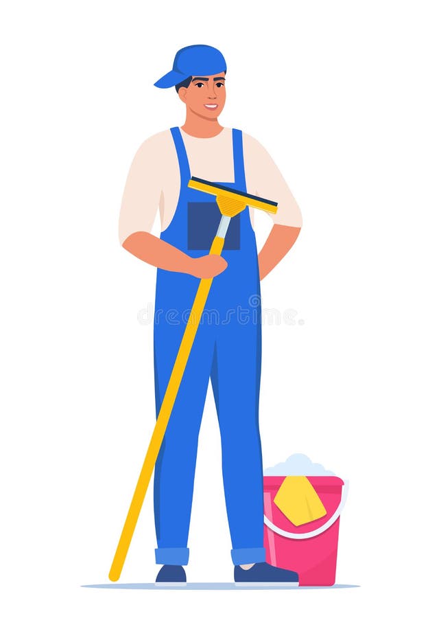 Cleaning Service Man Character in Uniform with Glass Cleaning Scraper ...