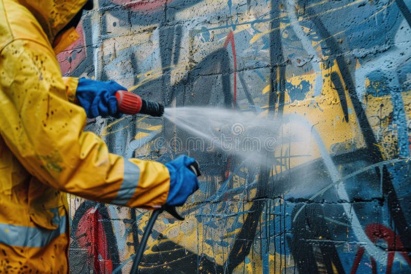 Worker is Cleaning Graffiti from a Brick Wall with a Pressure Washer ...