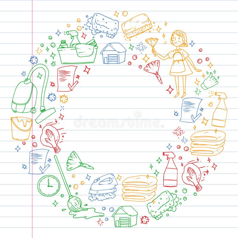 Cleaning Services Company Vector Pattern, Drawing in Exercise Book ...