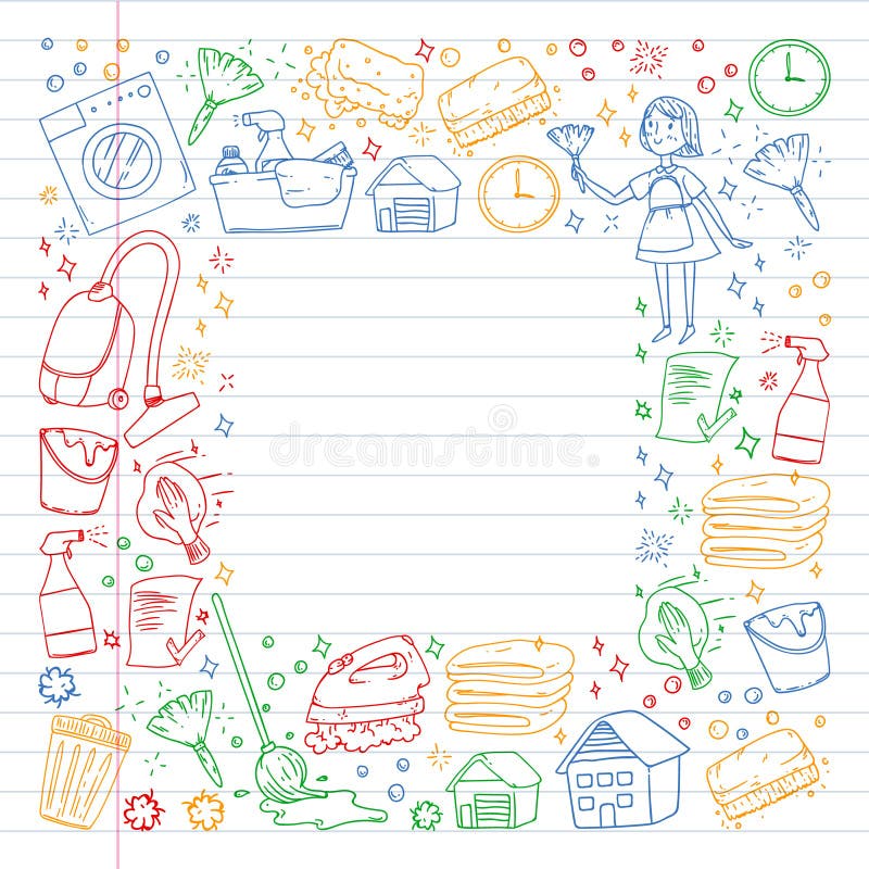 Cleaning Services Company Vector Pattern, Drawing in Exercise Book ...
