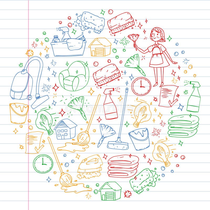 Cleaning Services Company Vector Pattern, Drawing in Exercise Book ...