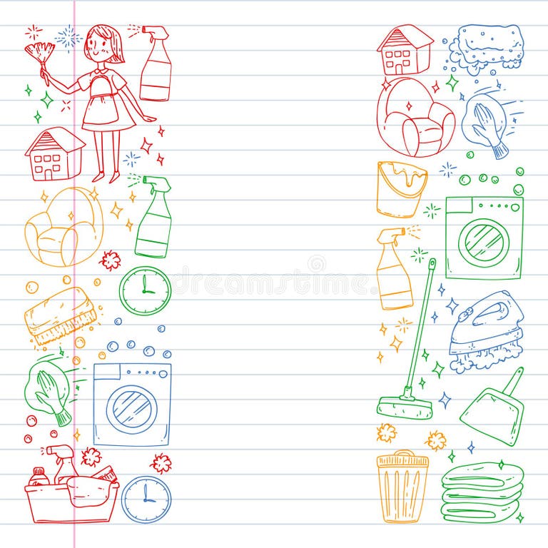 Cleaning Services Company Vector Pattern, Drawing in Exercise Book ...