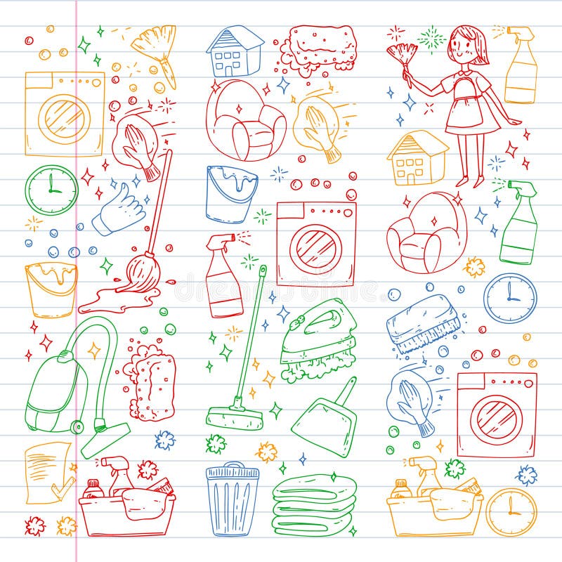 Cleaning Services Company Vector Pattern, Drawing in Exercise Book ...