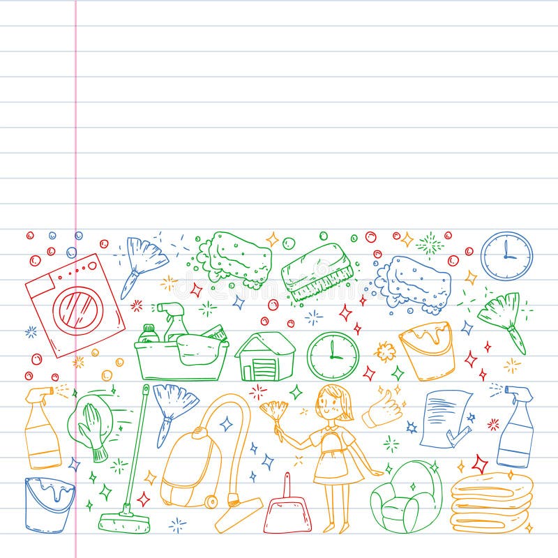 Cleaning Services Company Vector Pattern, Drawing in Exercise Book ...