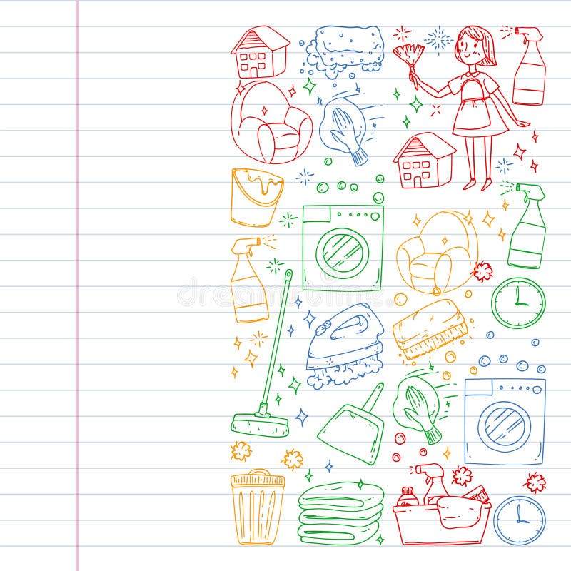 Cleaning Services Company Vector Pattern, Drawing in Exercise Book ...