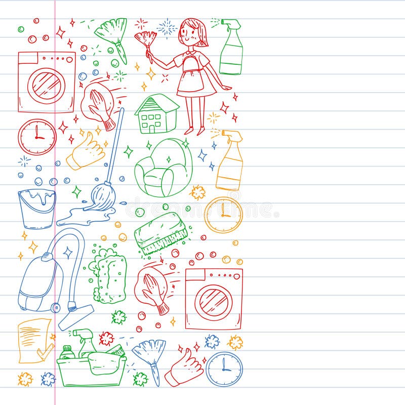 Cleaning Services Company Vector Pattern, Drawing in Exercise Book ...