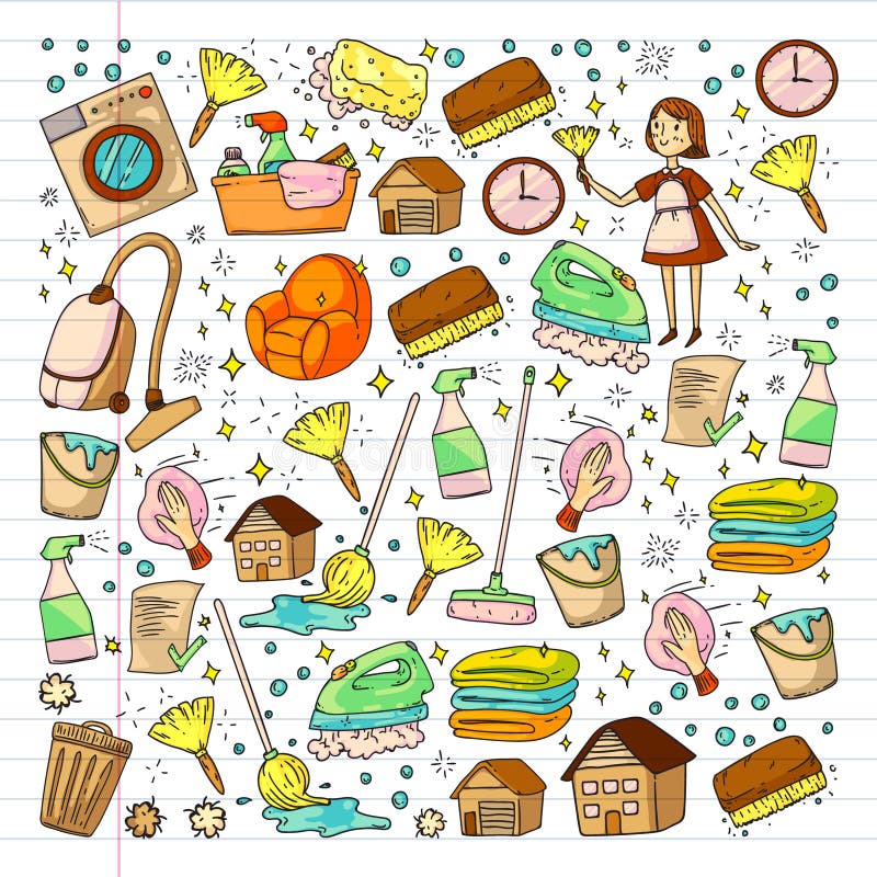 Cleaning Services Company Vector Pattern. Drawing on Exercise Notebook ...