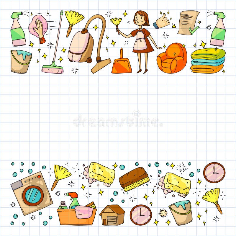 Cleaning Services Company Vector Pattern, Drawing in Squared Notebook ...