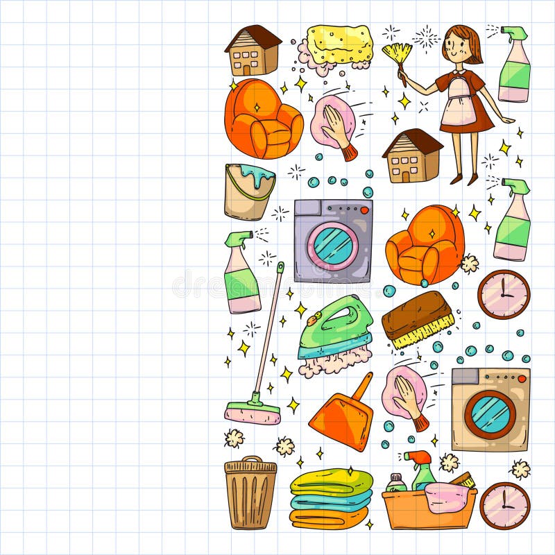 Cleaning Services Company Vector Pattern, Drawing in Squared Notebook ...
